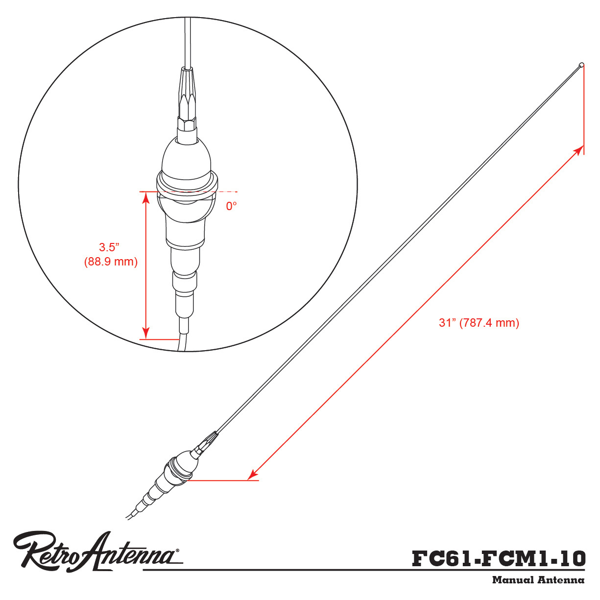 RetroSound FC61-FCM1-10 1960-63 Ford Falcon Antenna w/ 10' Cable ...