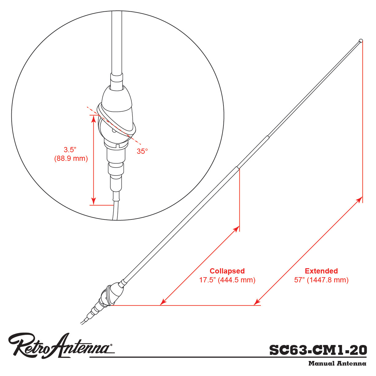 RetroSound SC63-CM1-20 1963-64 Impala Antenna w/ 20' Cable ...